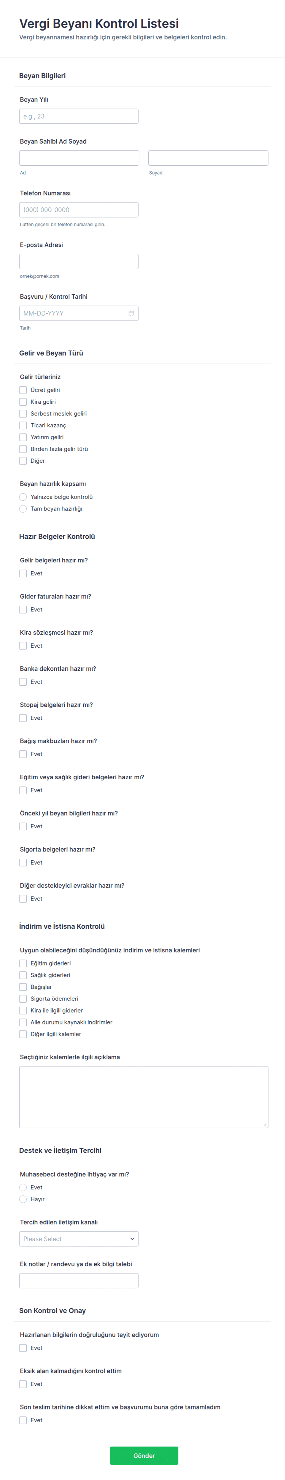 Vergi Beyannamesi Kontrol Listesi Form Şablonu | Jotform