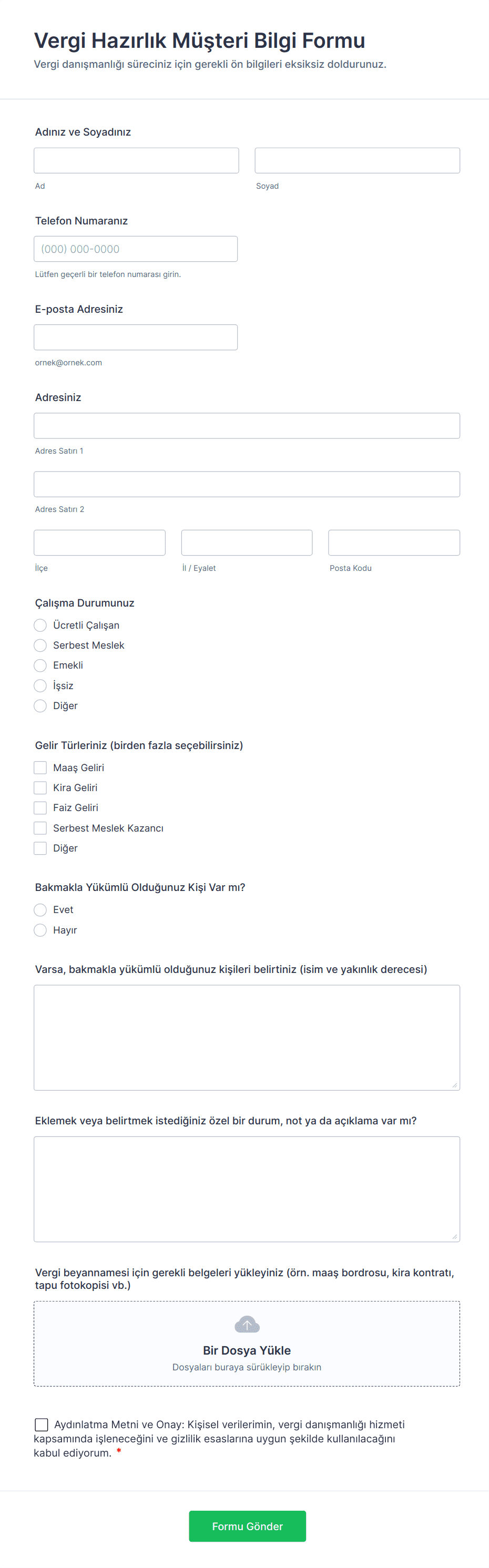 Vergi Hazırlık Müşteri Bilgi Form Şablonu | Jotform