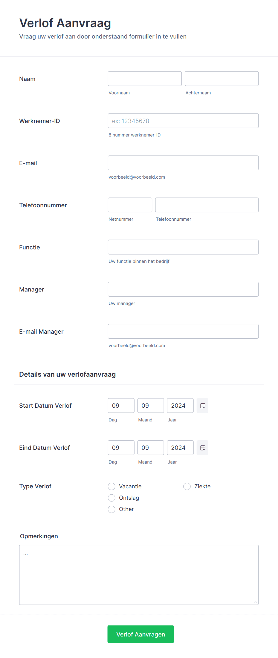 Verlof Aanvraagformulier Formulier Sjabloon | Jotform