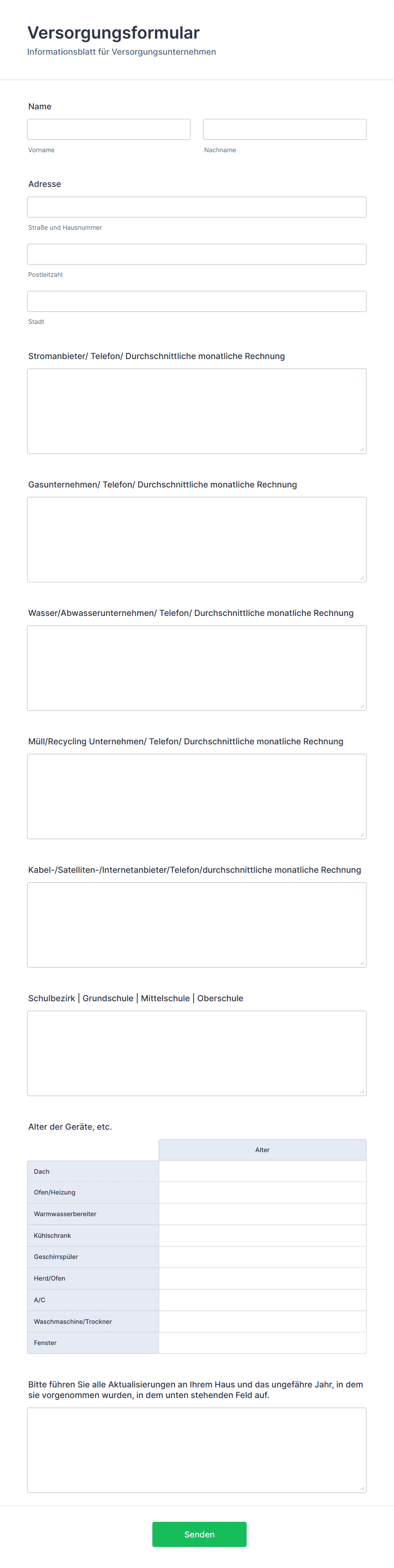 Versorgungsformular Formularvorlage | Jotform
