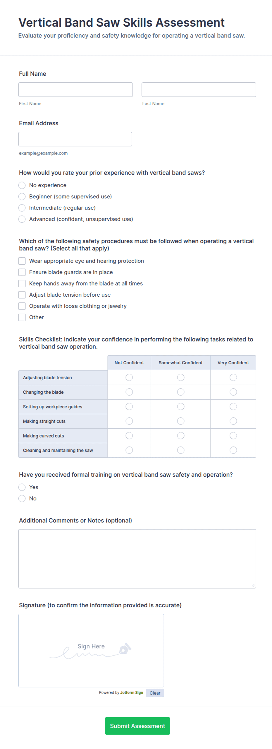 Vertical Band Saw Skills Assessment Form Template | Jotform