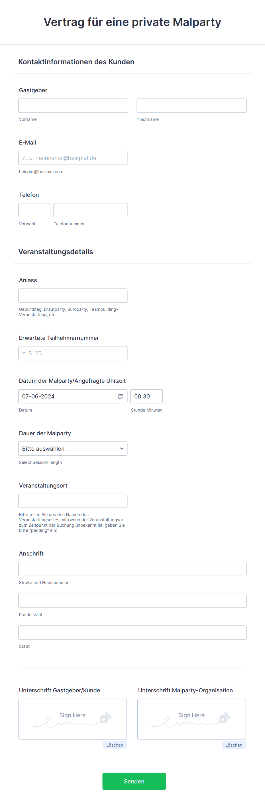 Vertrag für eine private Malparty Formularvorlage | Jotform
