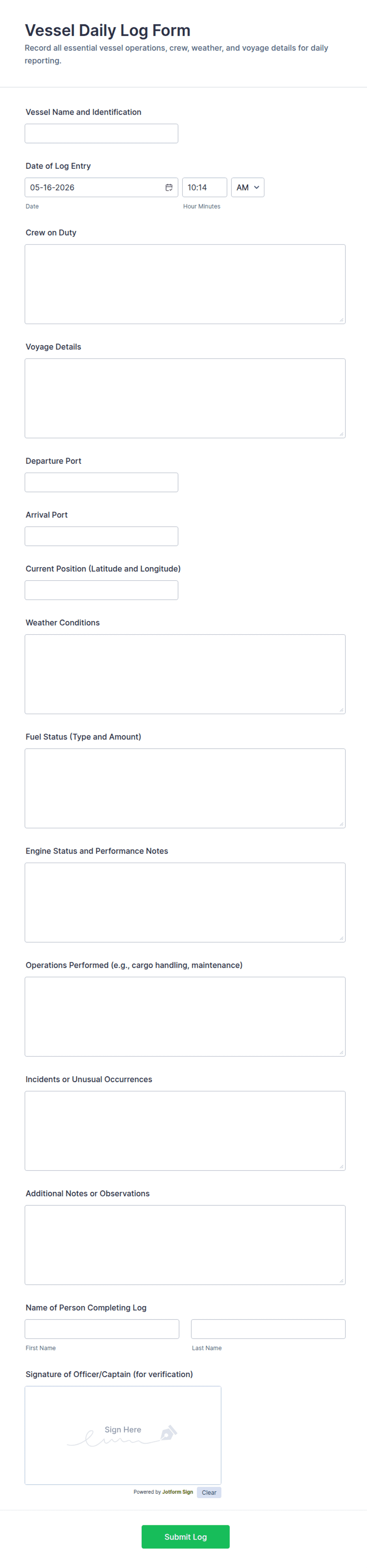 Vessel Daily Log Form Template | Jotform