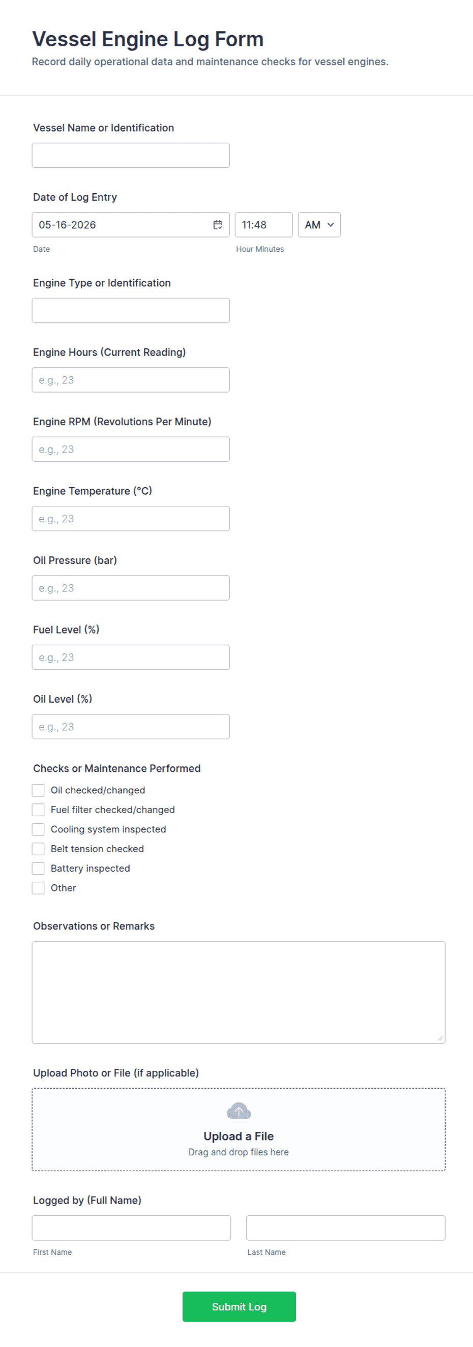 Vessel Engine Log Form Template | Jotform