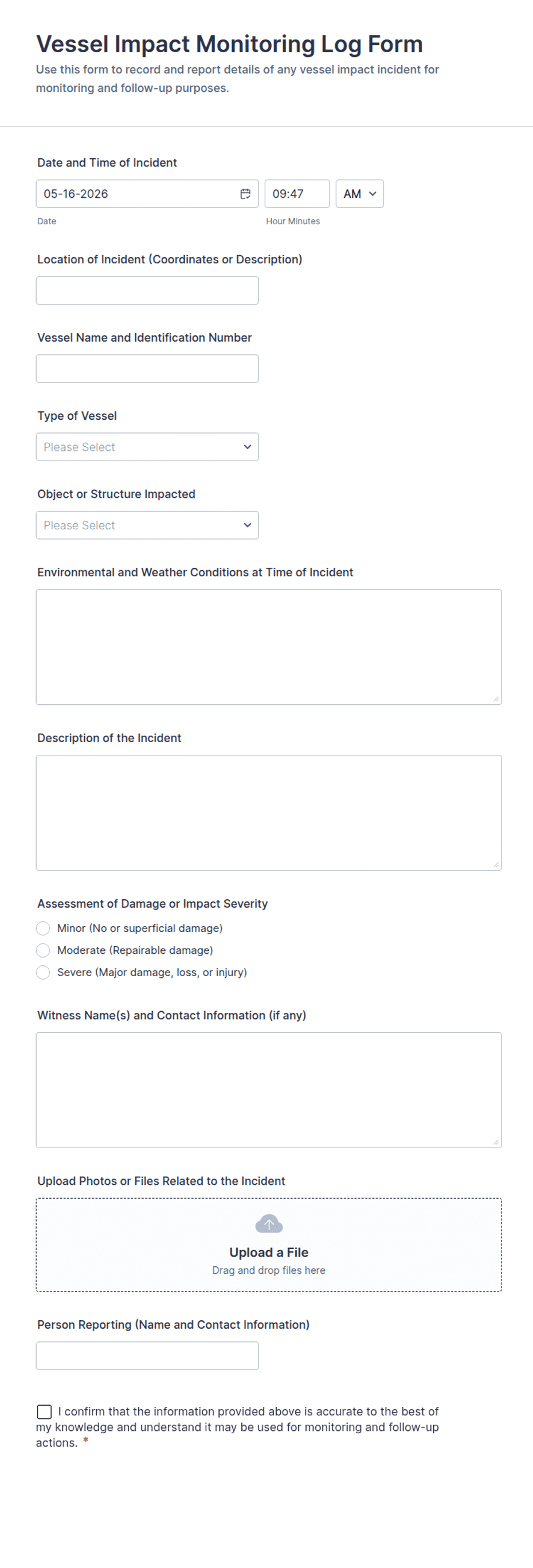 Vessel Impact Monitoring Log Form Template | Jotform
