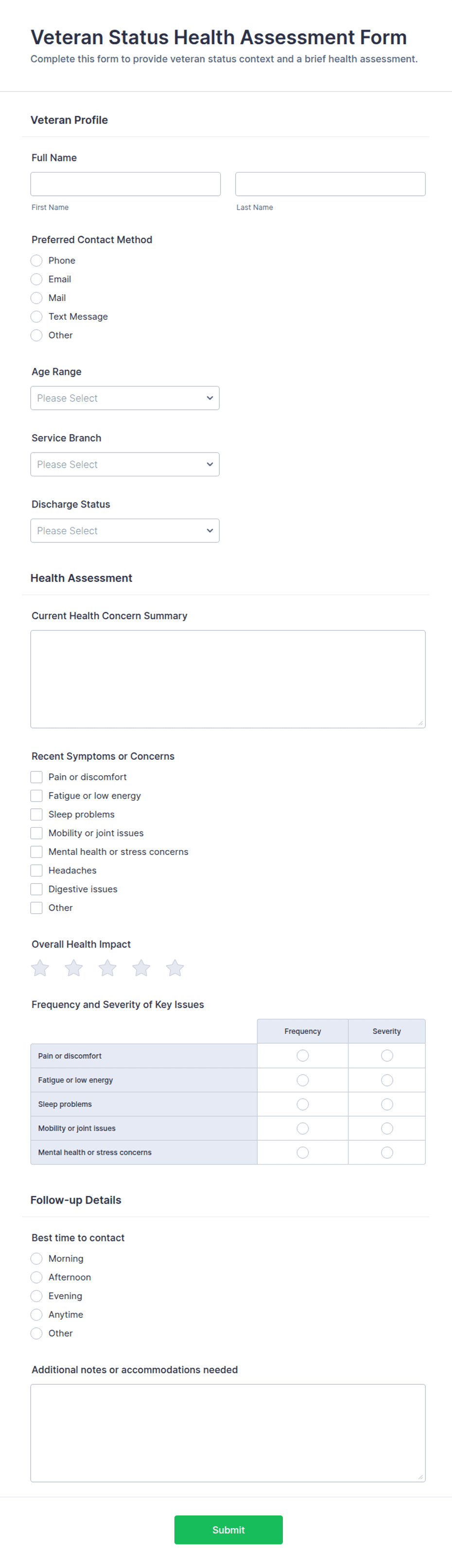 Veteran Status Health Assessment Form Template | Jotform