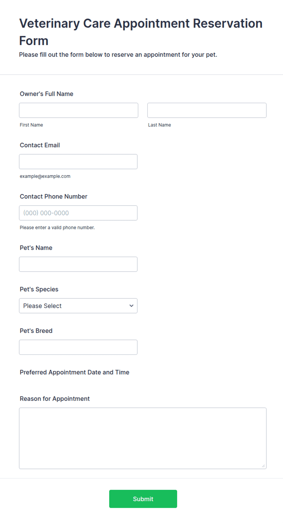 Veterinary Care Appointment Reservation Form Template | Jotform