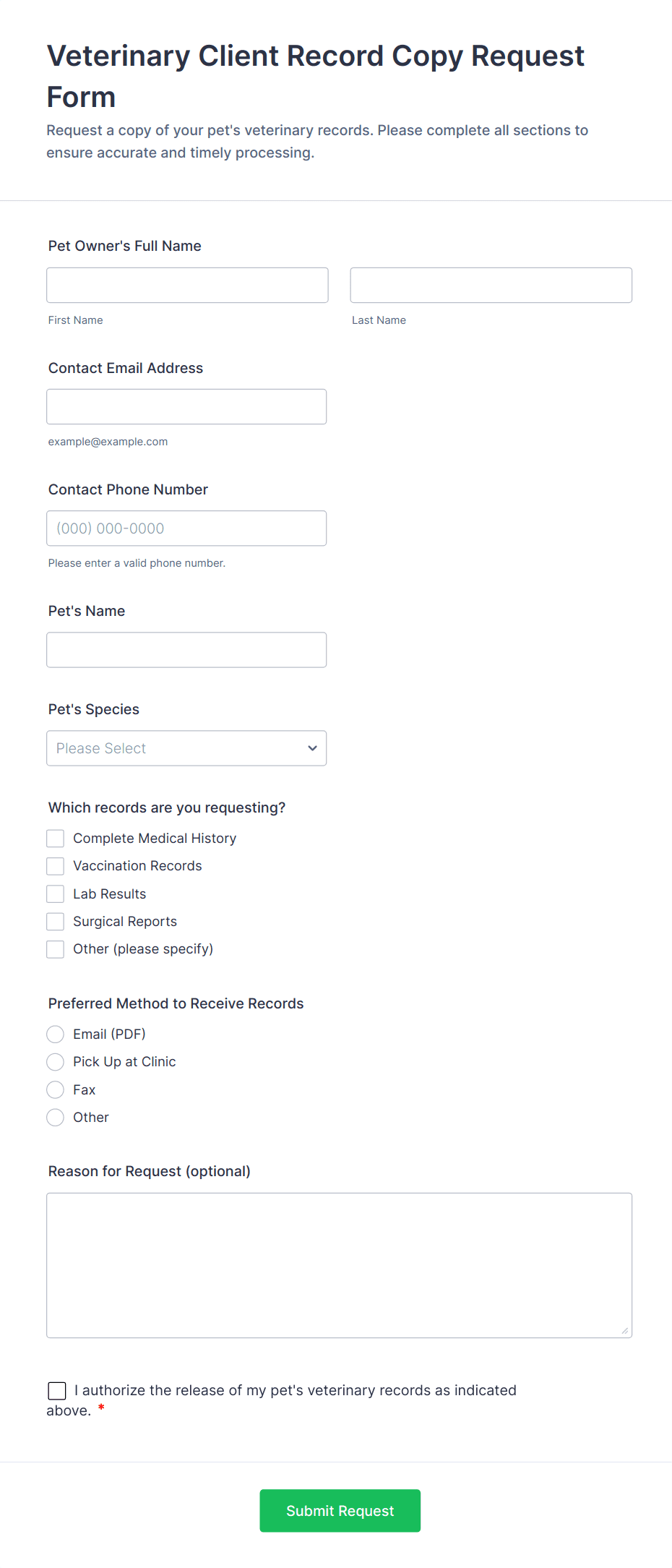 Veterinary Client Record Copy Request Form Template | Jotform