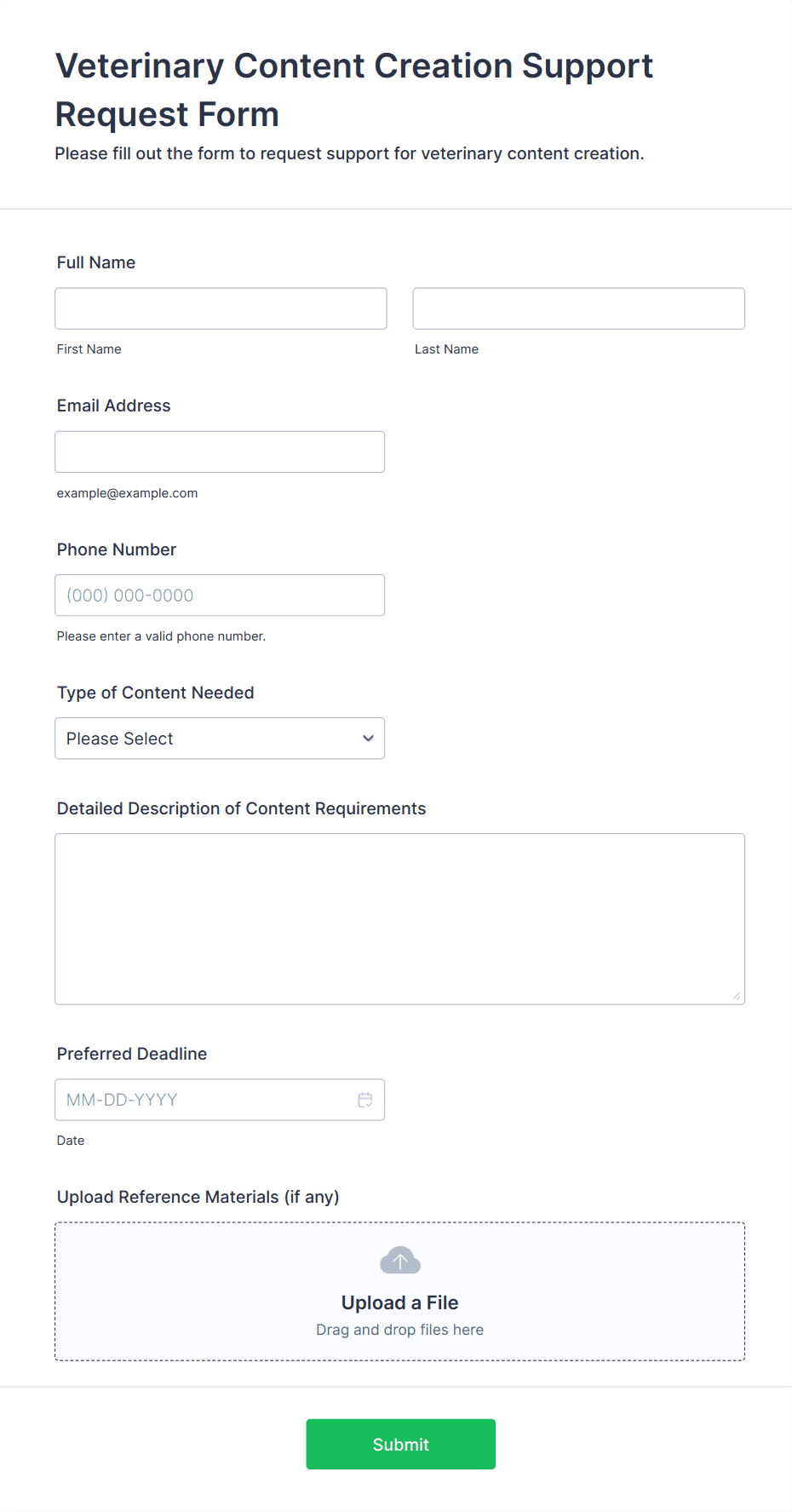 Veterinary Content Creation Support Request Form Template | Jotform