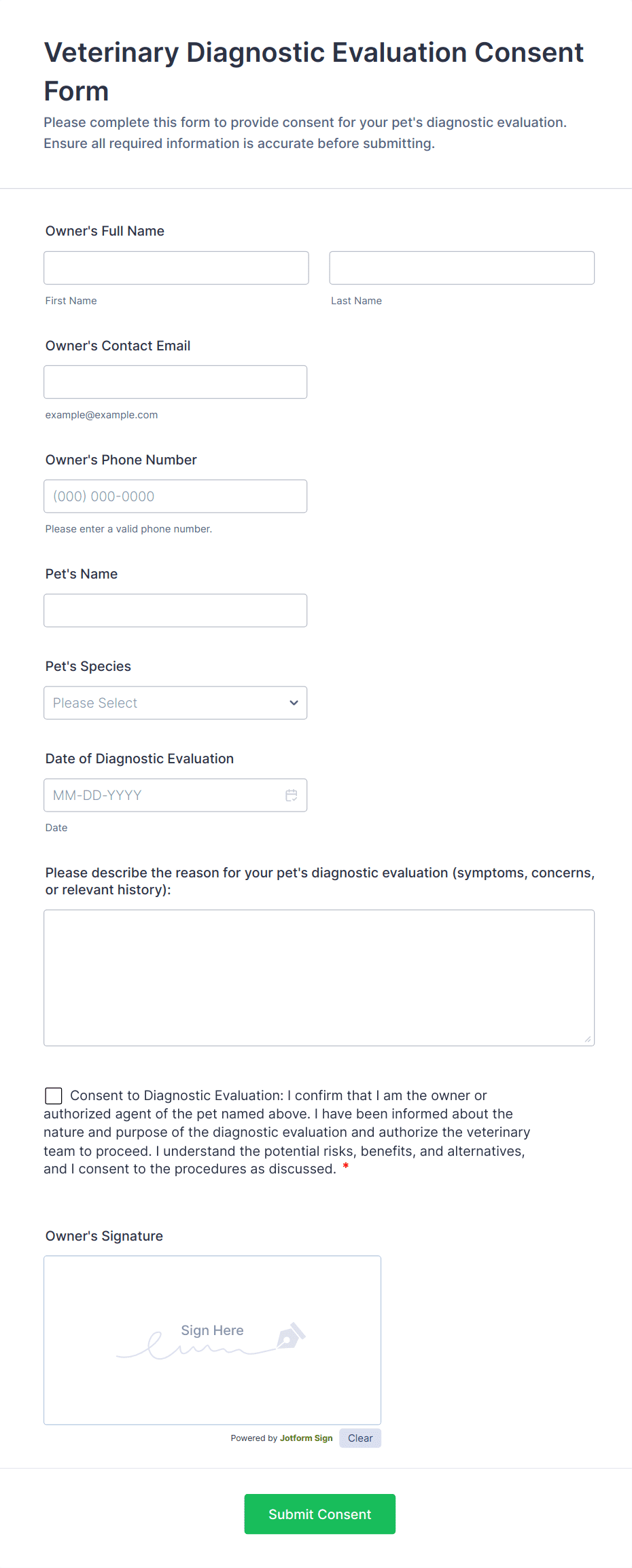 Veterinary Diagnostic Evaluation Consent Form Template | Jotform