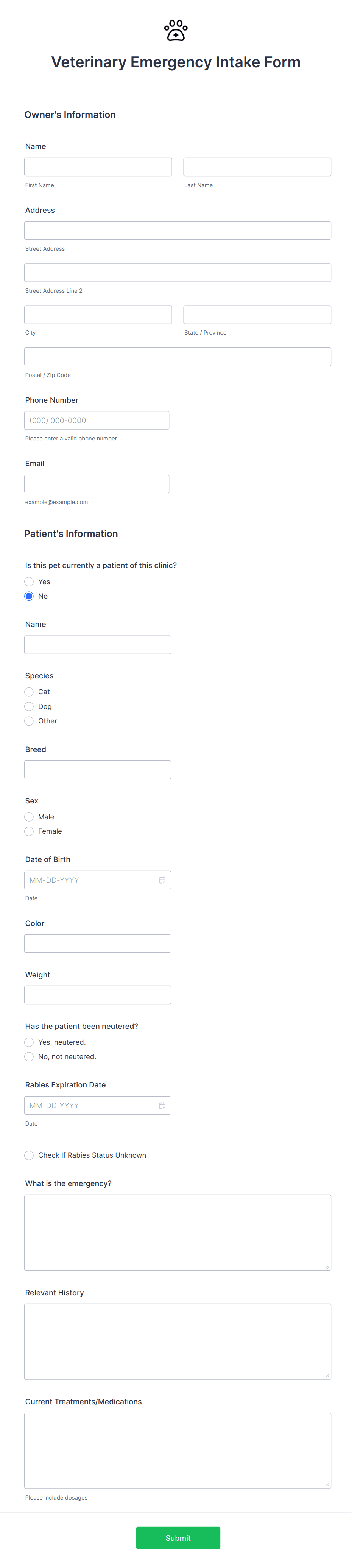 Veterinary Emergency Intake Form Template | Jotform