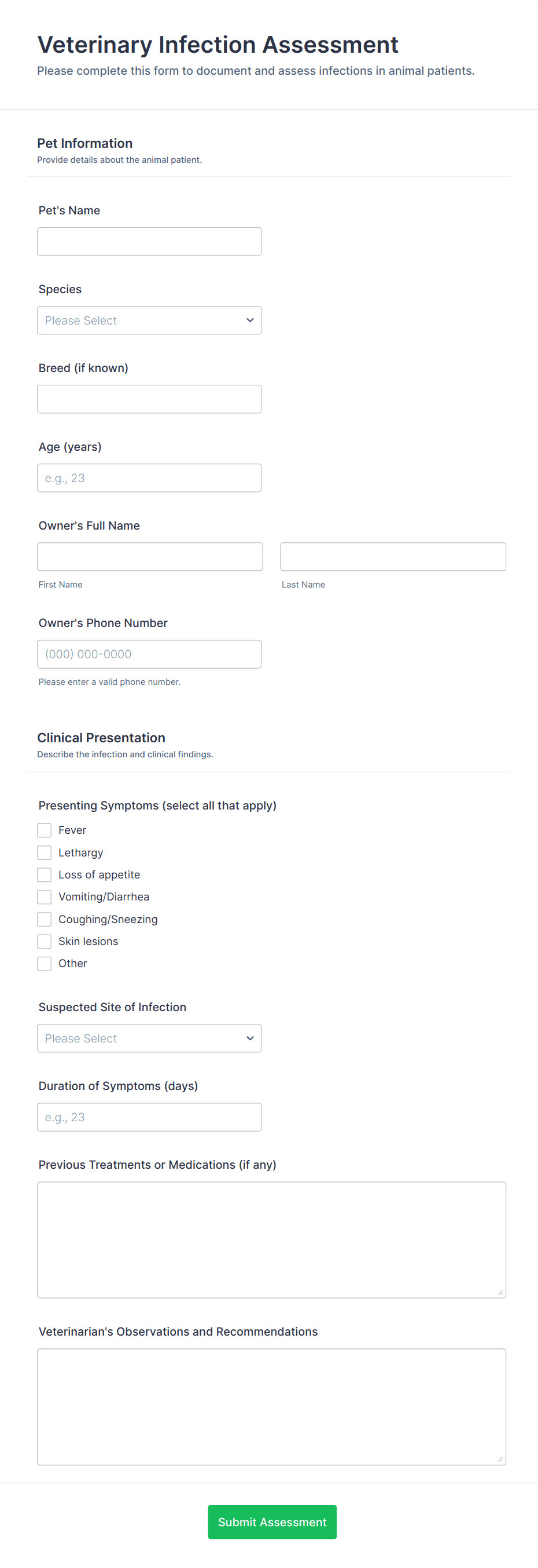 Veterinary Infection Assessment Form Template | Jotform