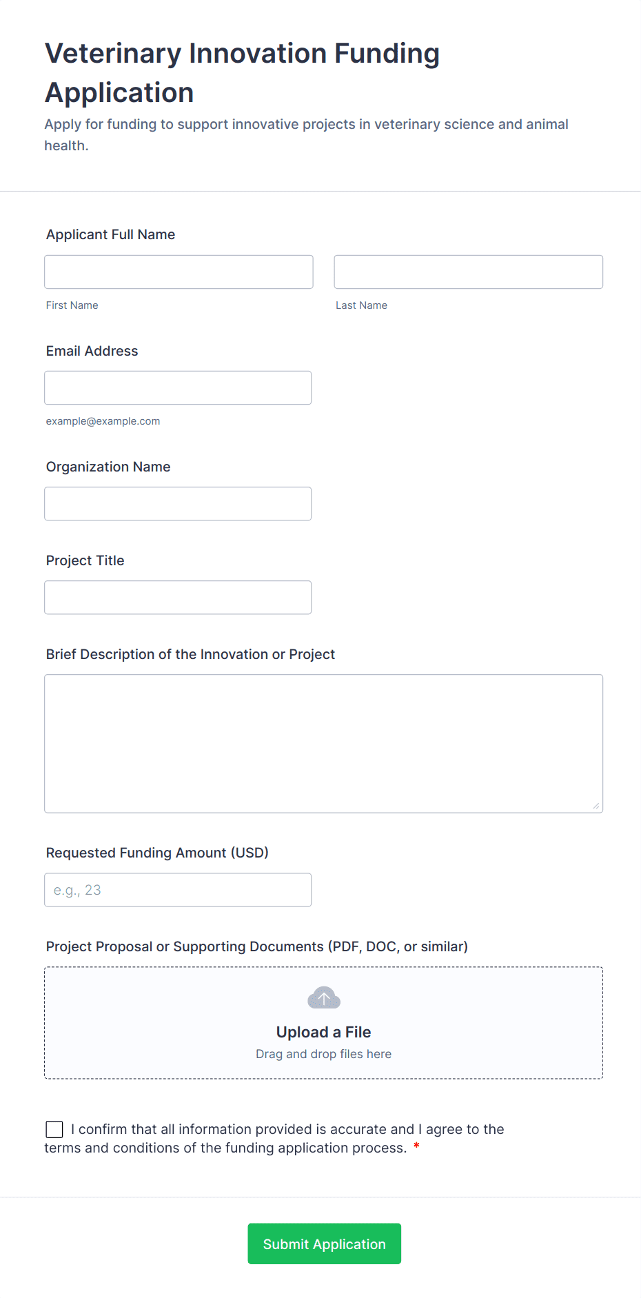 Veterinary Innovation Funding Application Form Template | Jotform