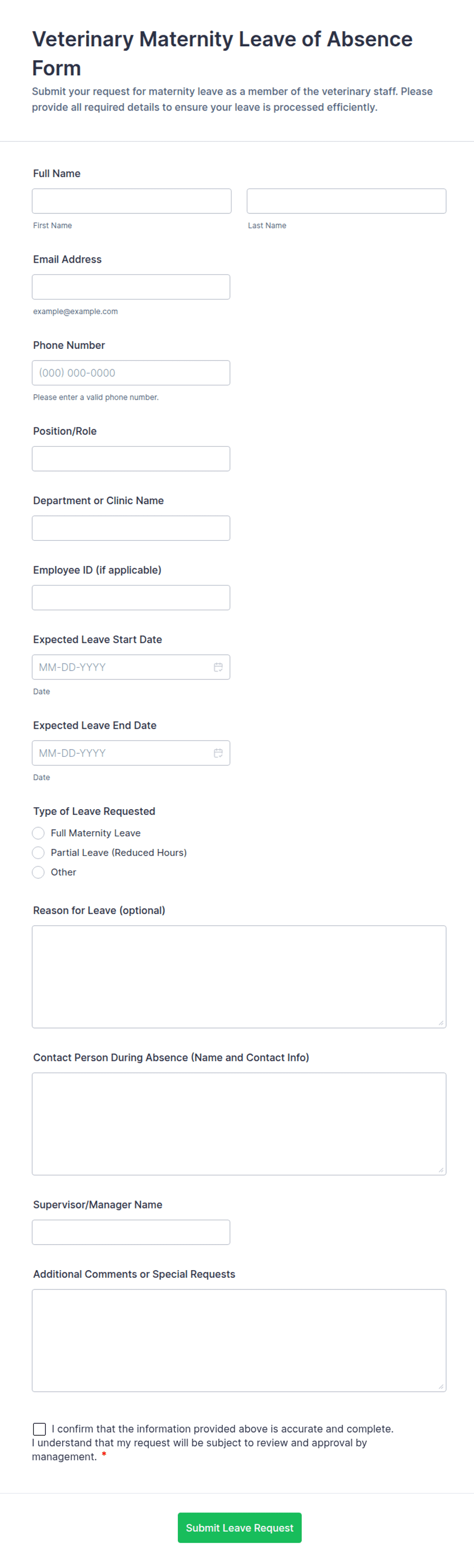 Veterinary Maternity Leave of Absence Form Template | Jotform