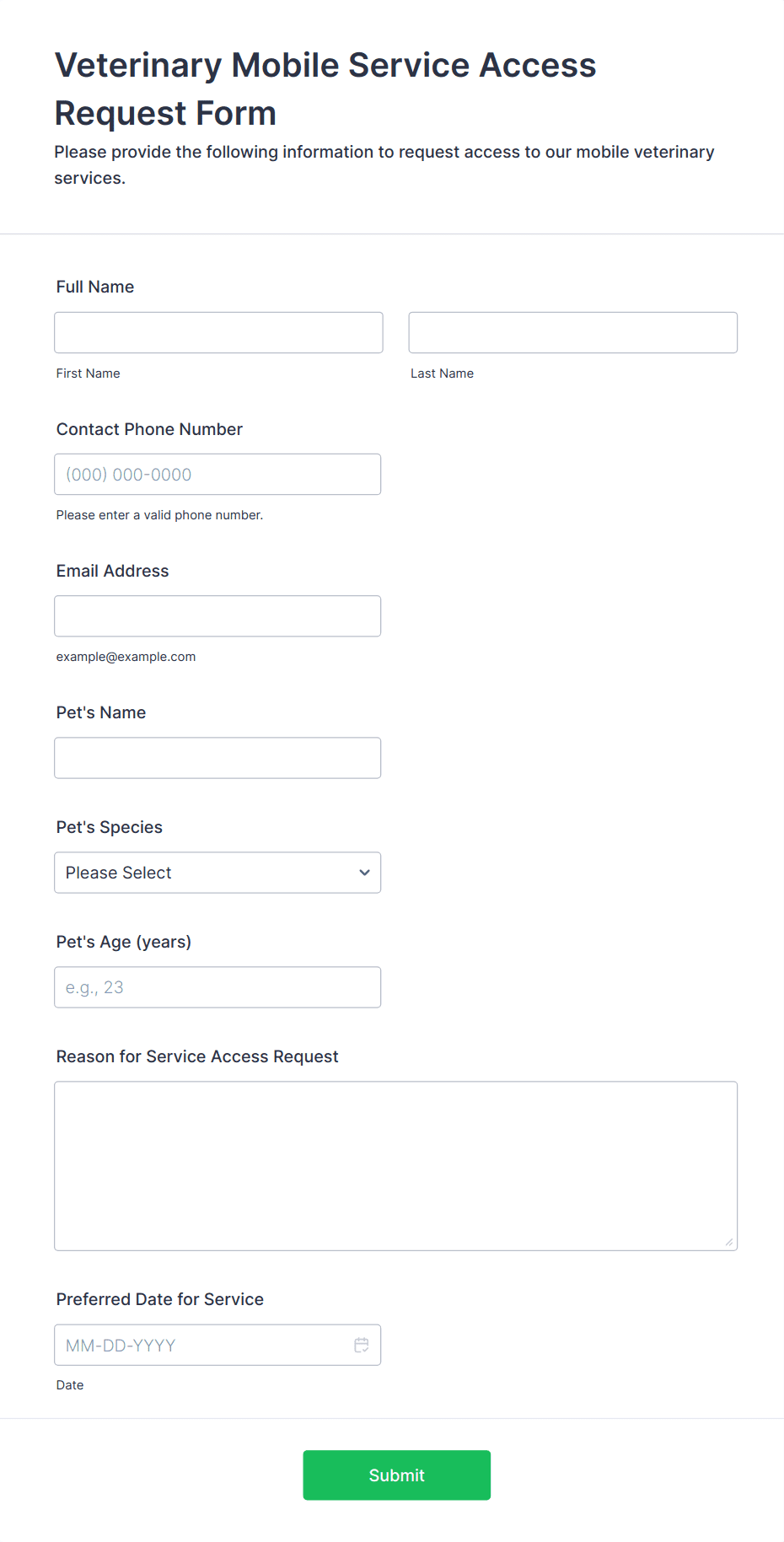 Veterinary Mobile Service Access Request Form Template | Jotform