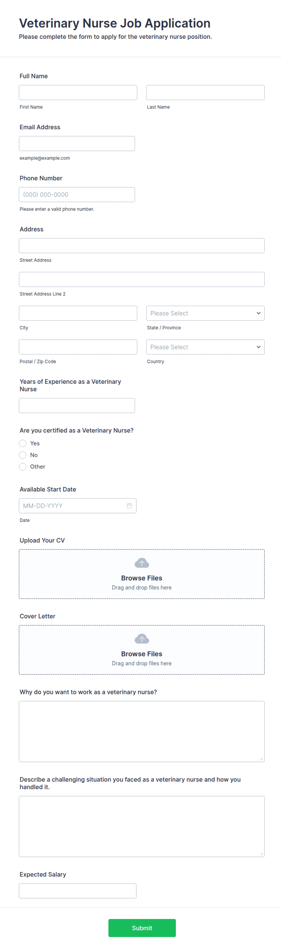 Veterinary Nurse Job Application Form Template | Jotform