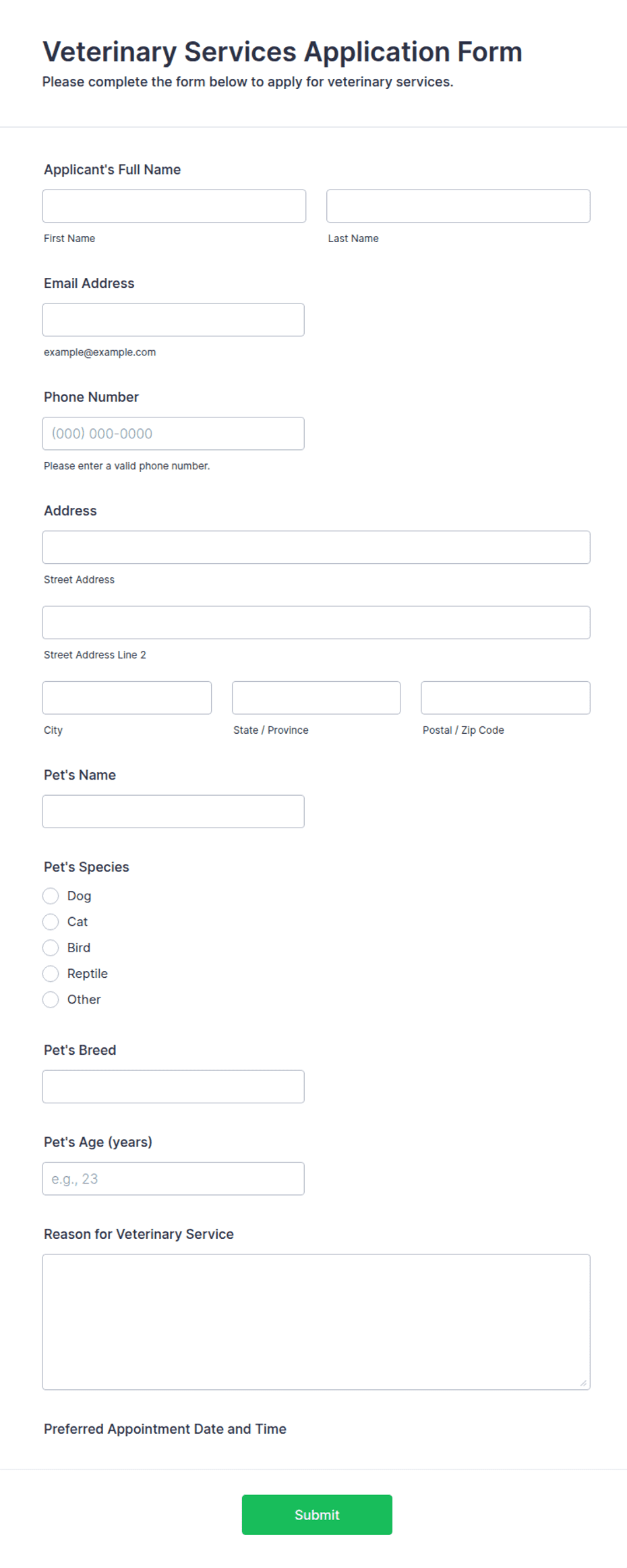 Veterinary Services Application Form Template | Jotform