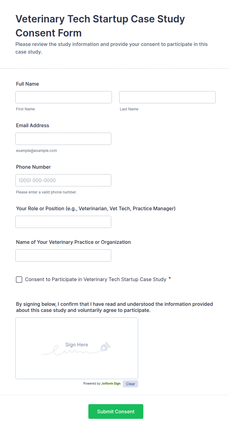 Veterinary Tech Startup Case Study Consent Form Template | Jotform