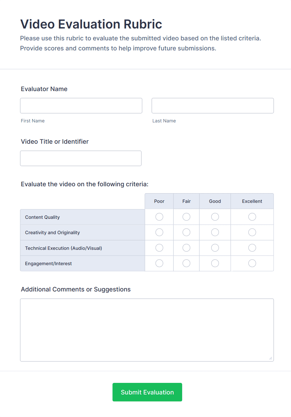 Video Evaluation Rubric Form Template | Jotform
