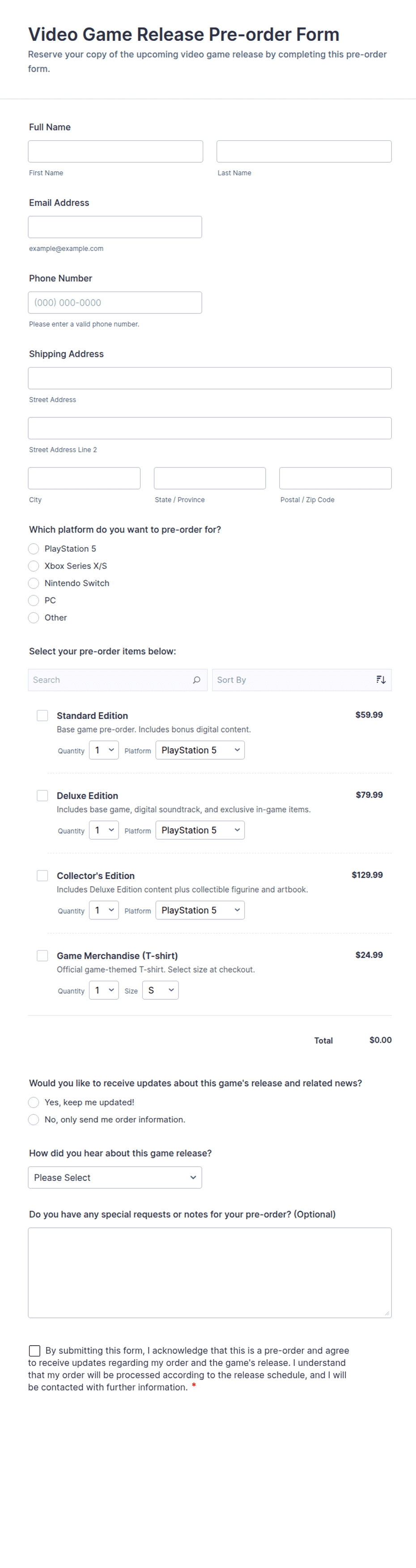 Video Game Release Pre-order Form Template | Jotform