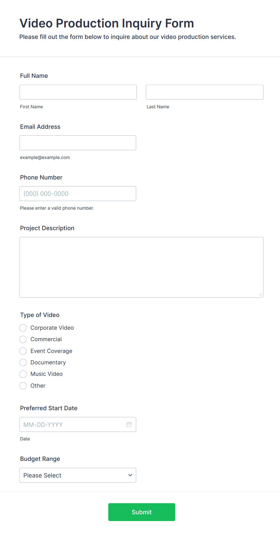 Video Production Inquiry Form Template | Jotform