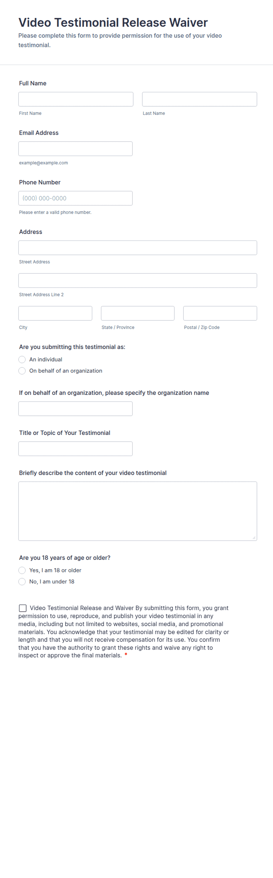 Video Testimonial Release Waiver Form Template | Jotform