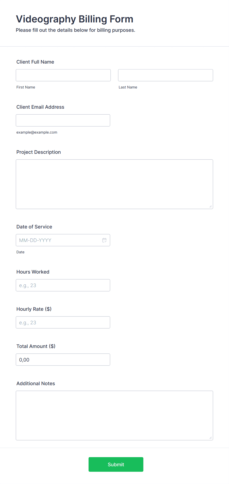 Videography Billing Form Template | Jotform