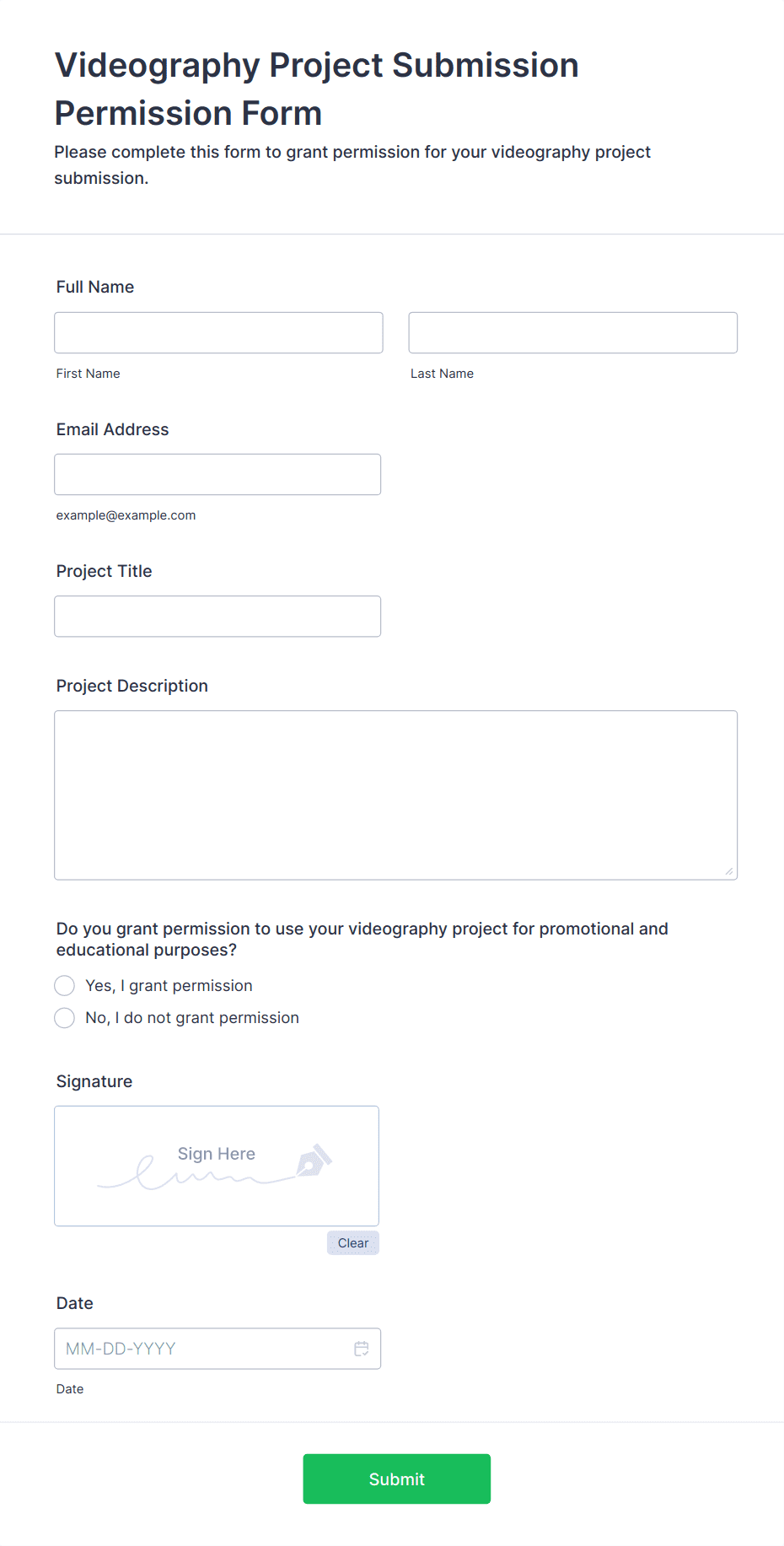 Videography Project Submission Permission Form Template | Jotform