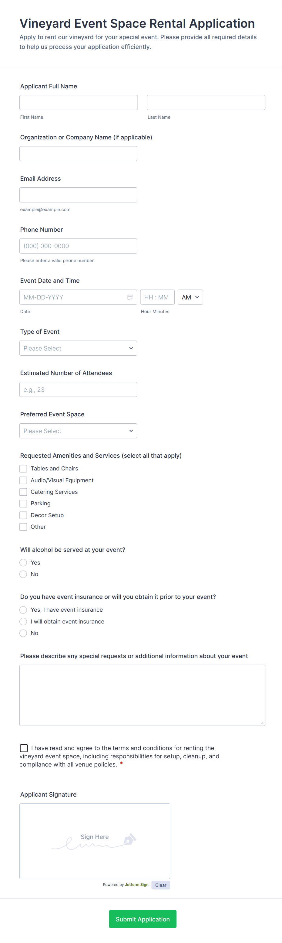 Vineyard Event Space Rental Application Form Template | Jotform