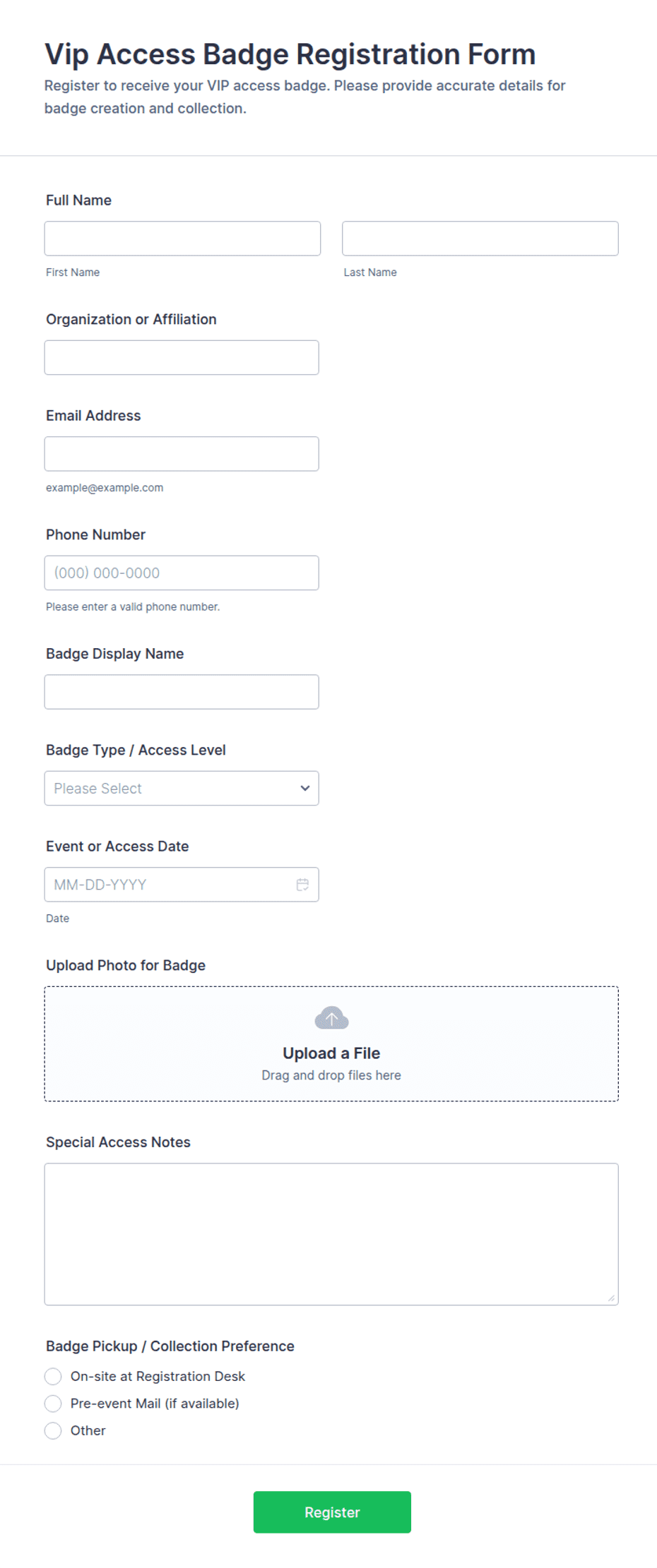 Vip Access Badge Registration Form Template | Jotform