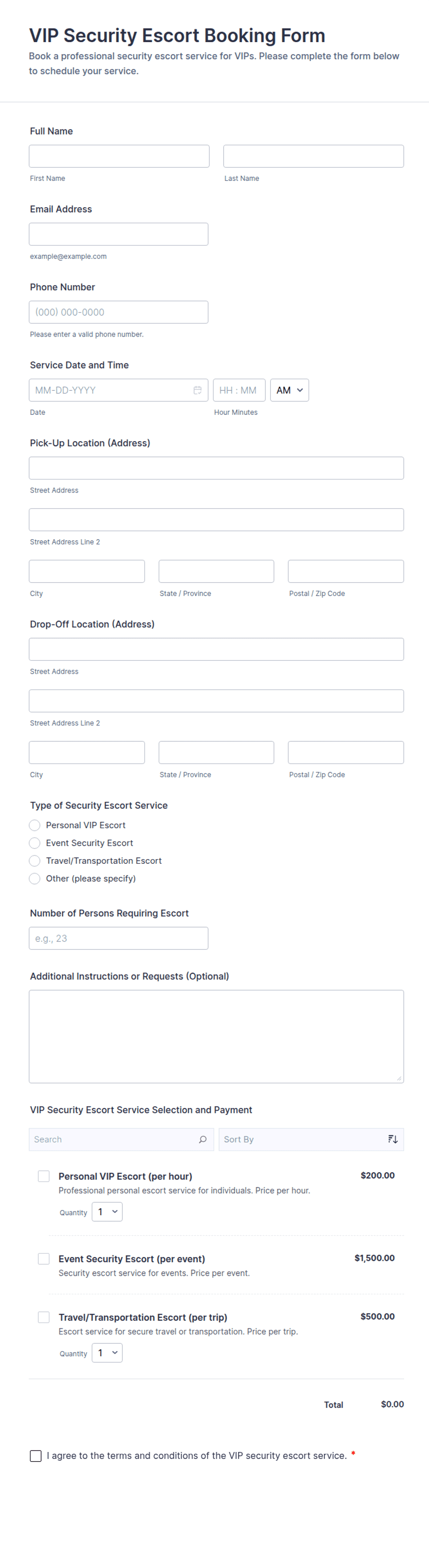 VIP Security Escort Booking Form Template | Jotform