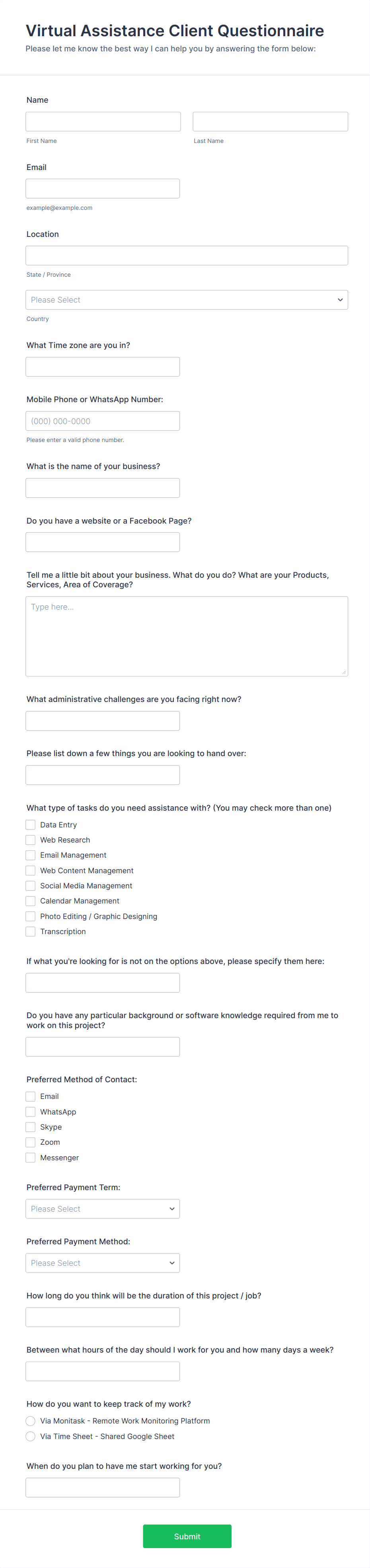 Virtual Assistance Client Questionnaire Form Template | Jotform