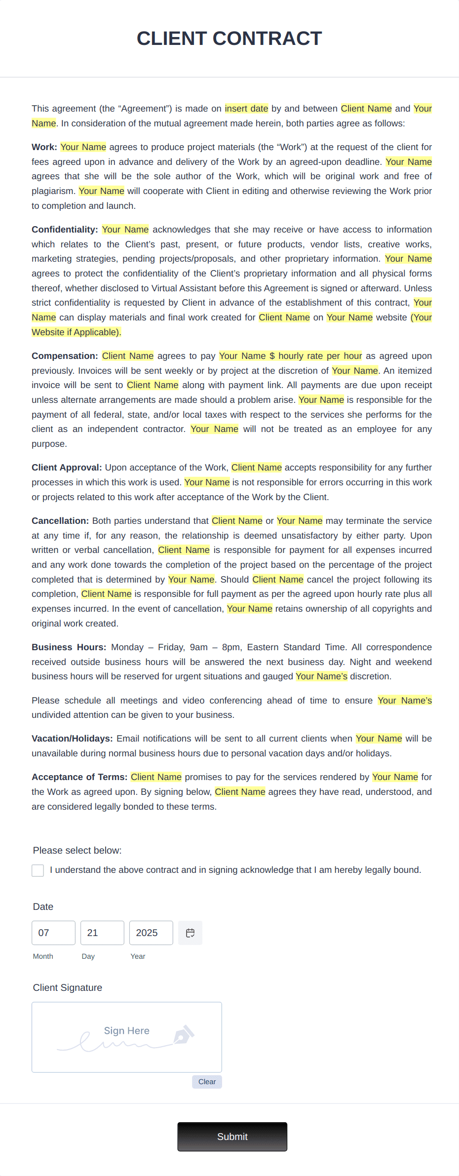 Virtual Assistant Contract Form Template | Jotform