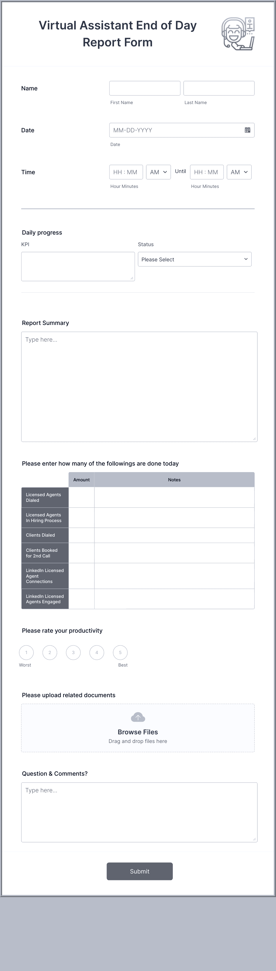 Virtual Assistant End of Day Report Form Template | Jotform