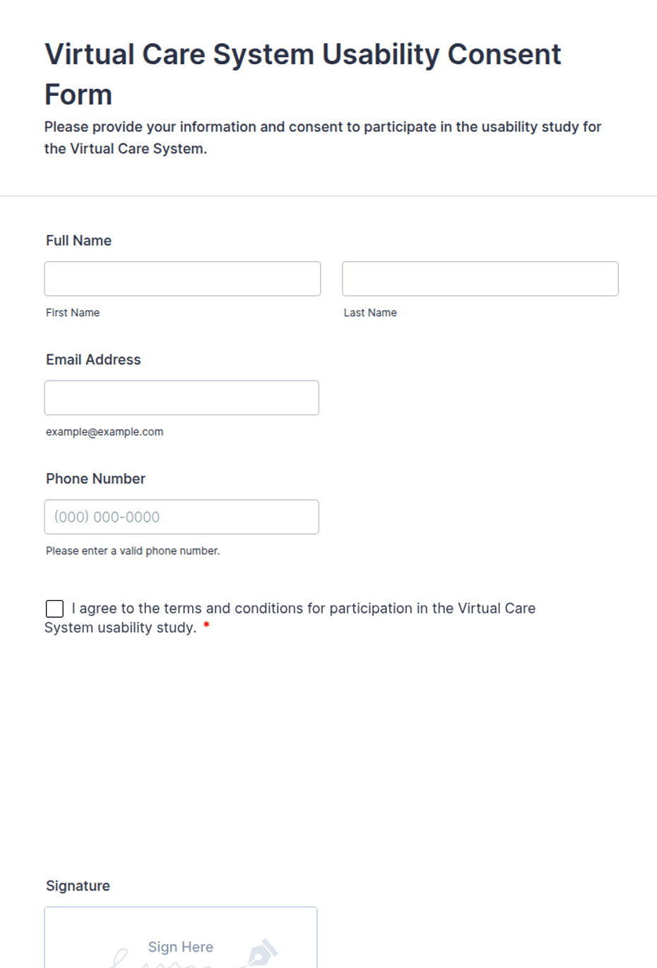 Virtual Care System Usability Consent Form Template | Jotform