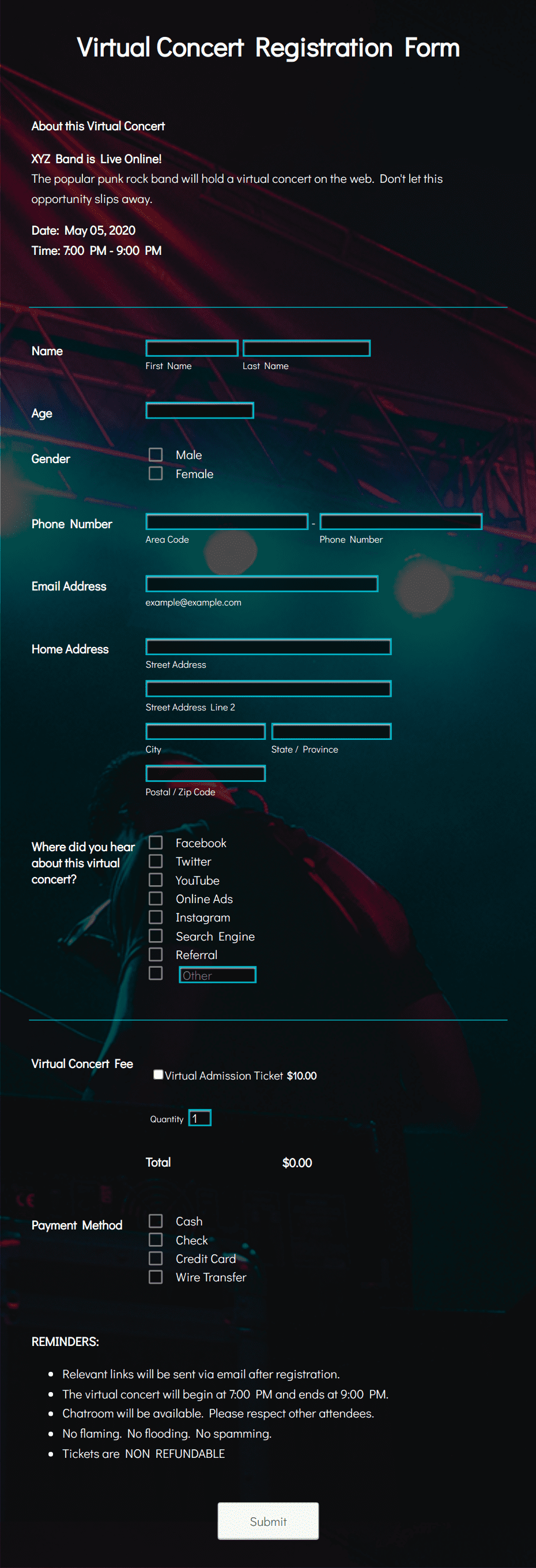 Virtual Concert Registration Form Template | Jotform