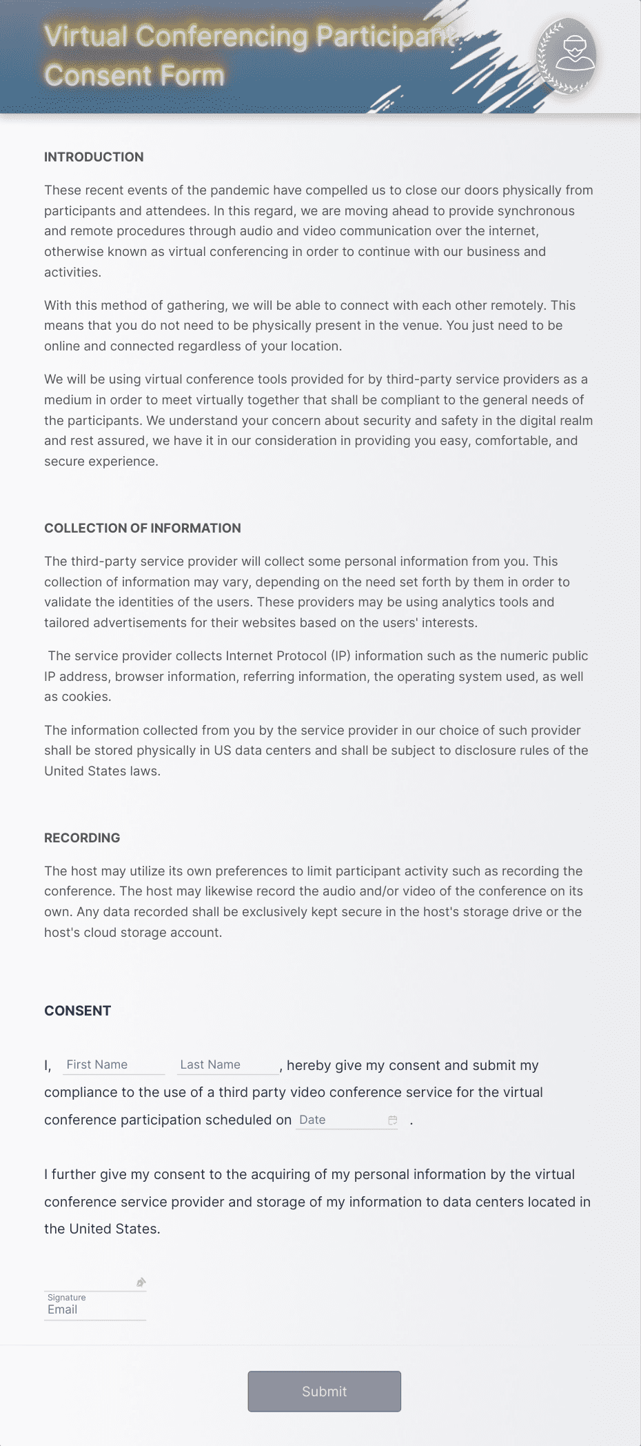 Virtual Conferencing Participant Consent Form Template | Jotform
