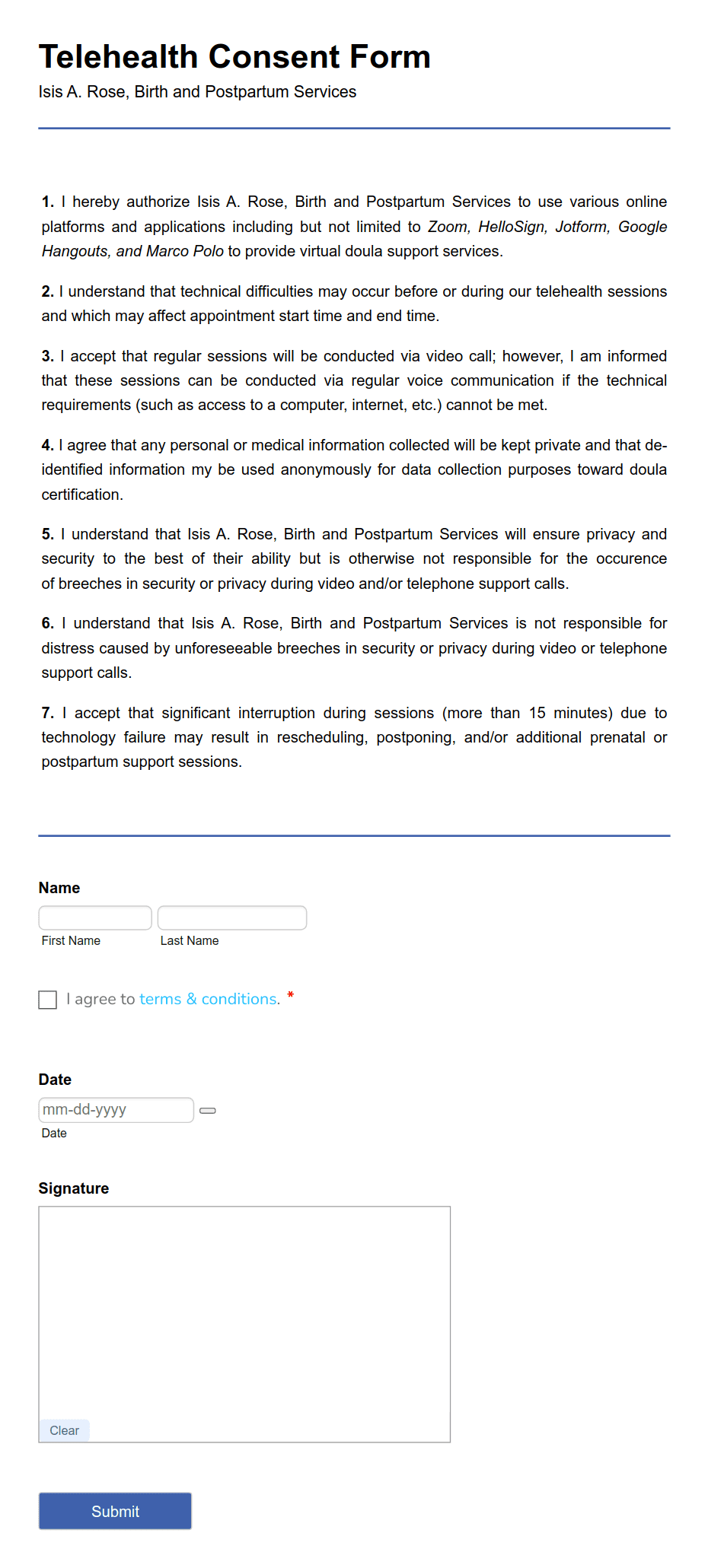 Virtual Doula Consent Form Template | Jotform