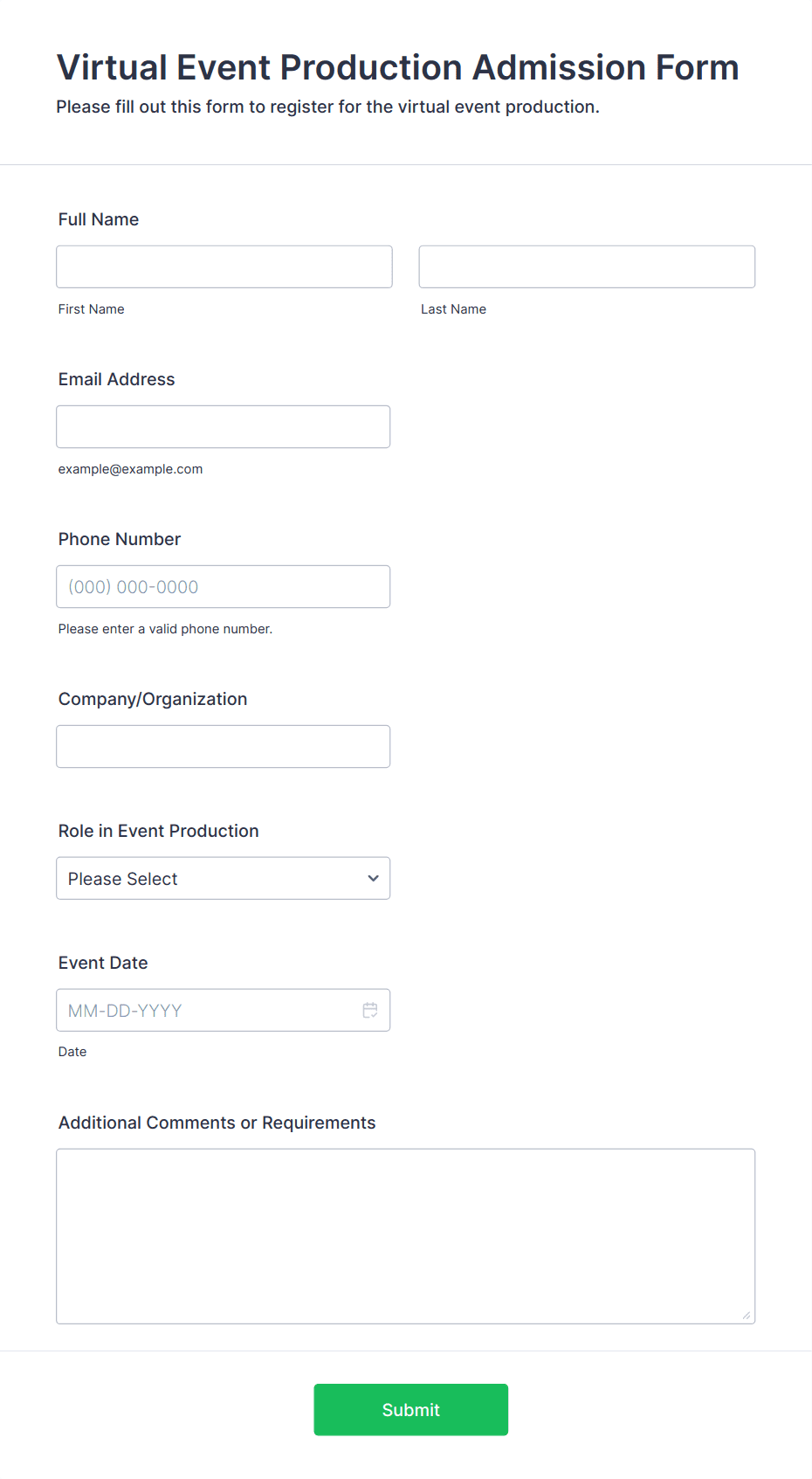 Virtual Event Production Admission Form Template | Jotform