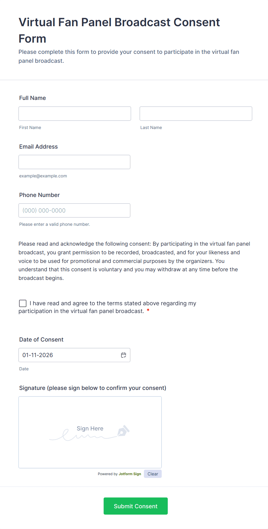 Virtual Fan Panel Broadcast Consent Form Template | Jotform