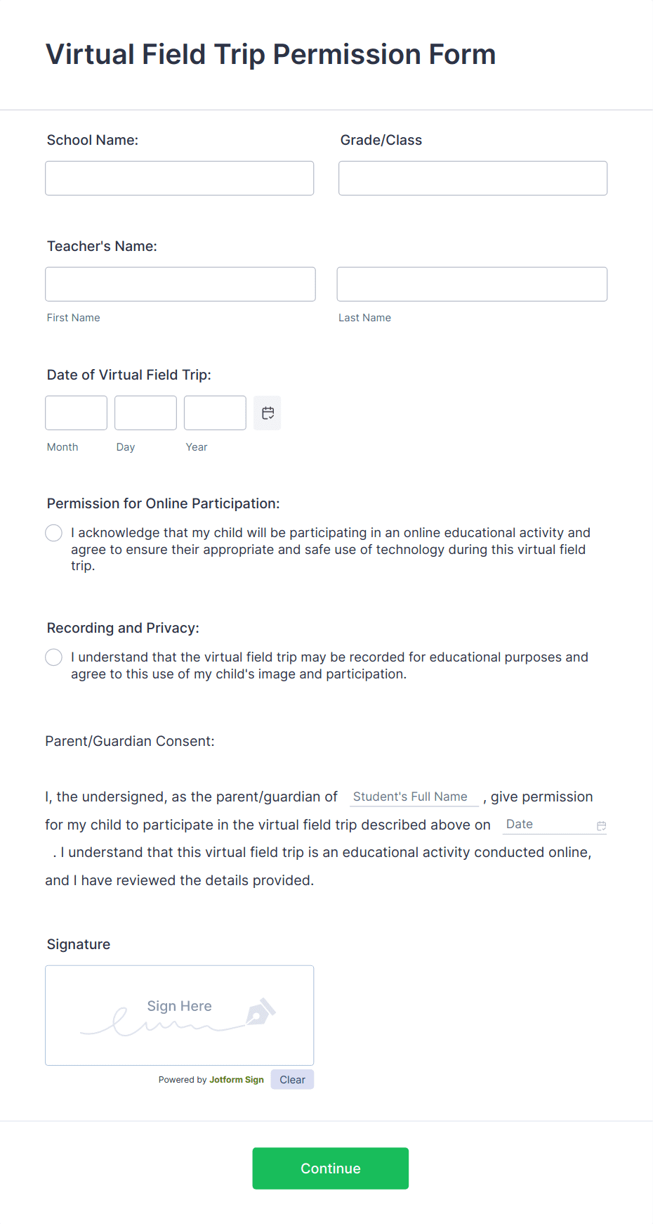 Virtual Field Trip Permission Form Template | Jotform