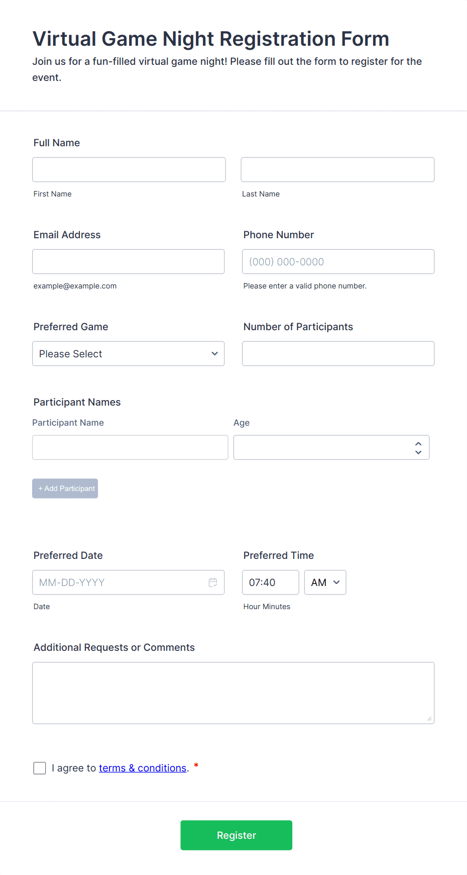 Virtual Game Night Registration Form Template | Jotform