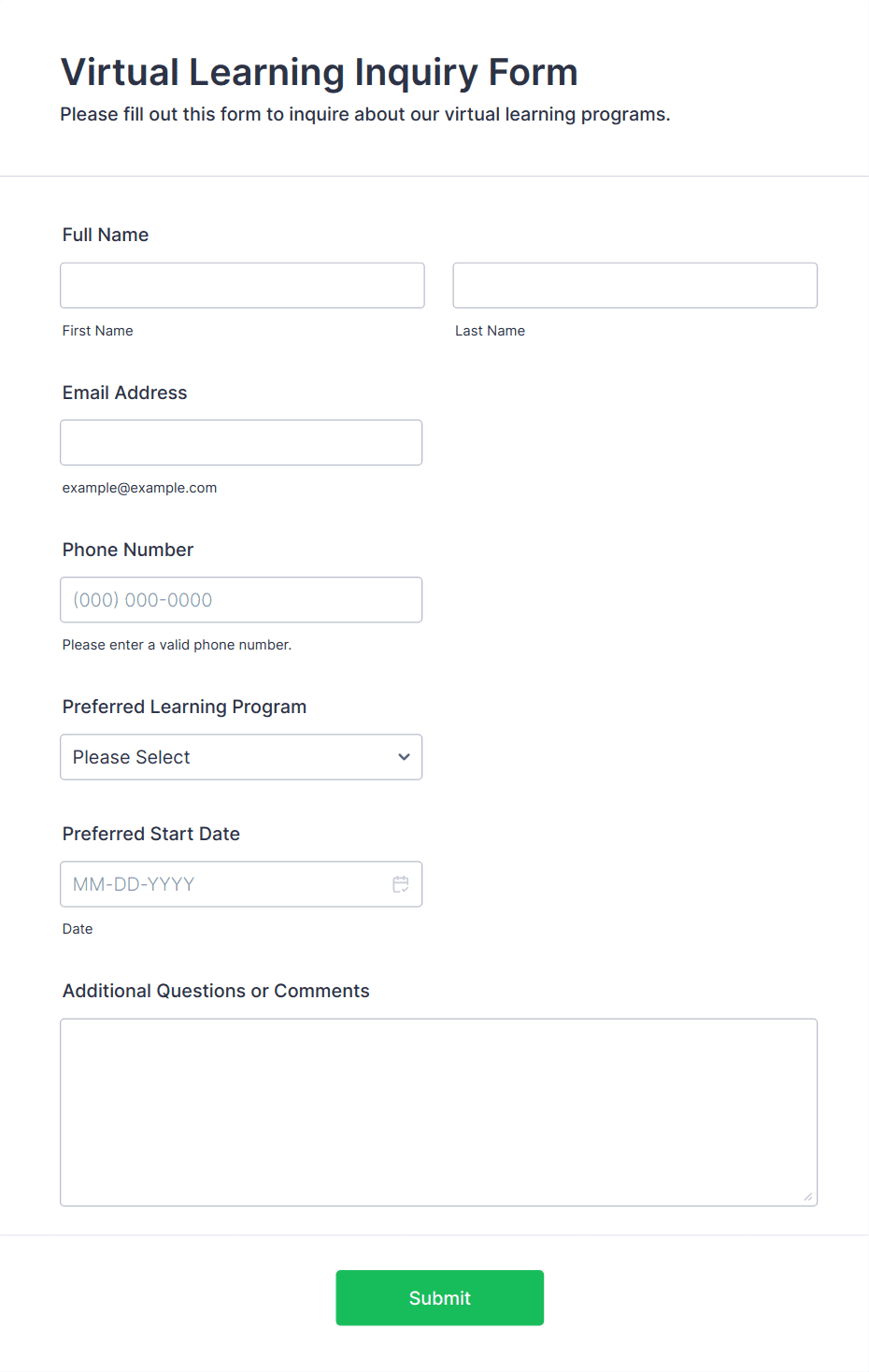 Virtual Learning Inquiry Form Template | Jotform