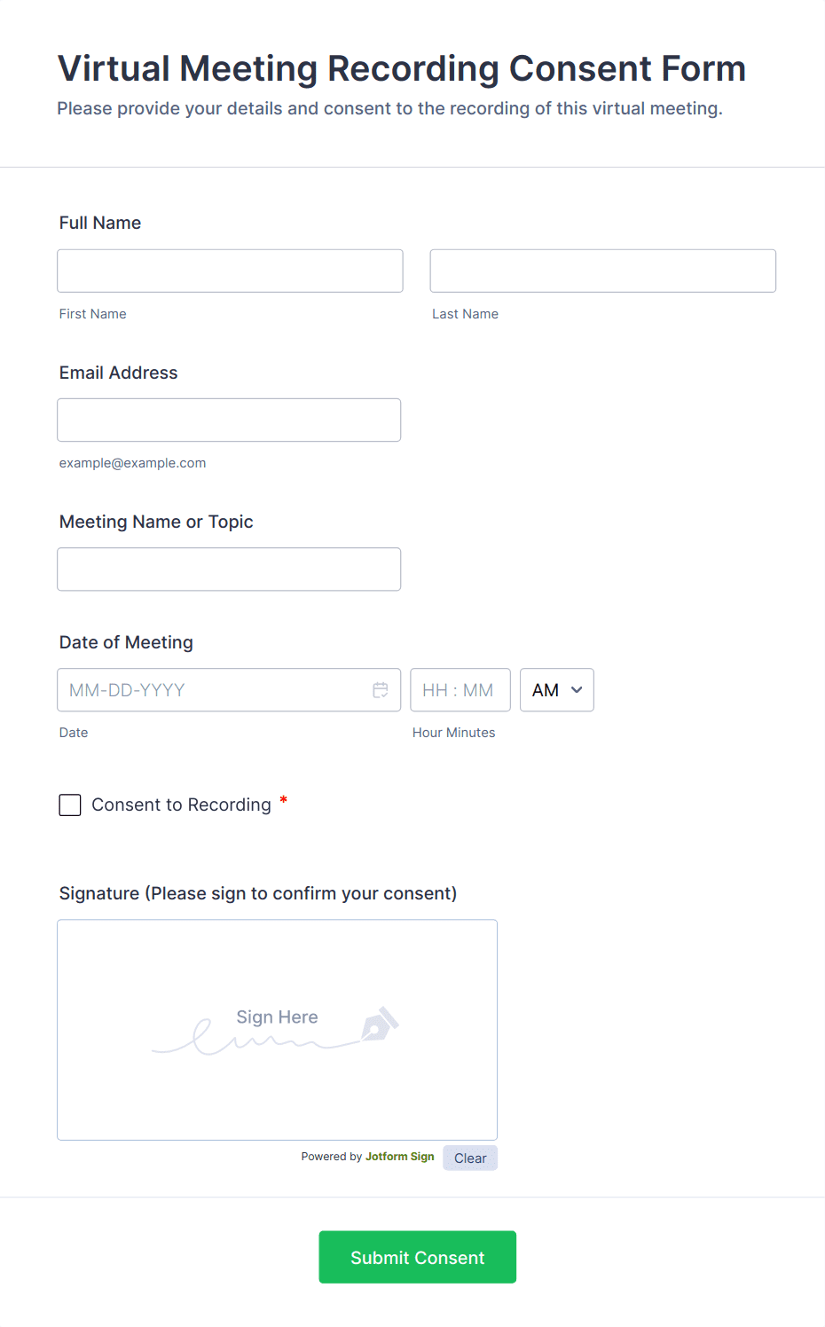 Virtual Meeting Recording Consent Form Template | Jotform