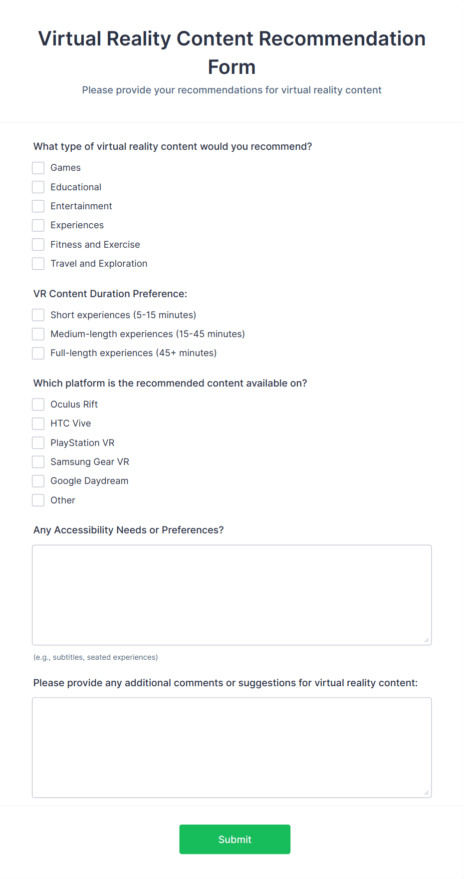 Virtual Reality Content Recommendation Form Template | Jotform