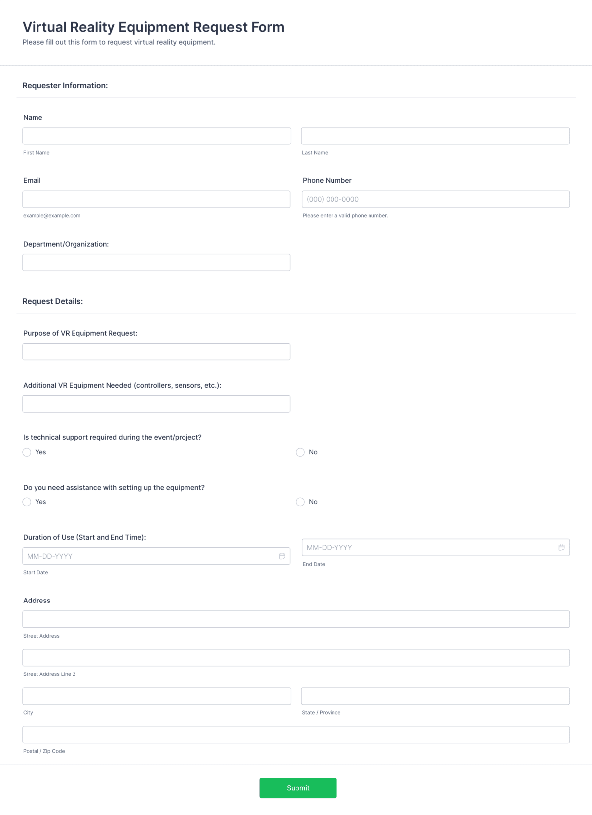 Virtual Reality Equipment Request Form Template | Jotform
