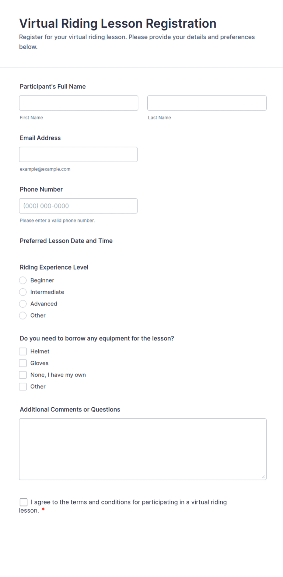 Virtual Riding Lesson Registration Form Template | Jotform