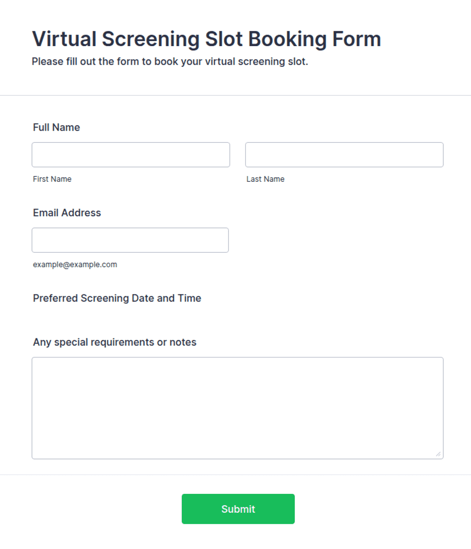 Virtual Screening Slot Booking Form Template | Jotform