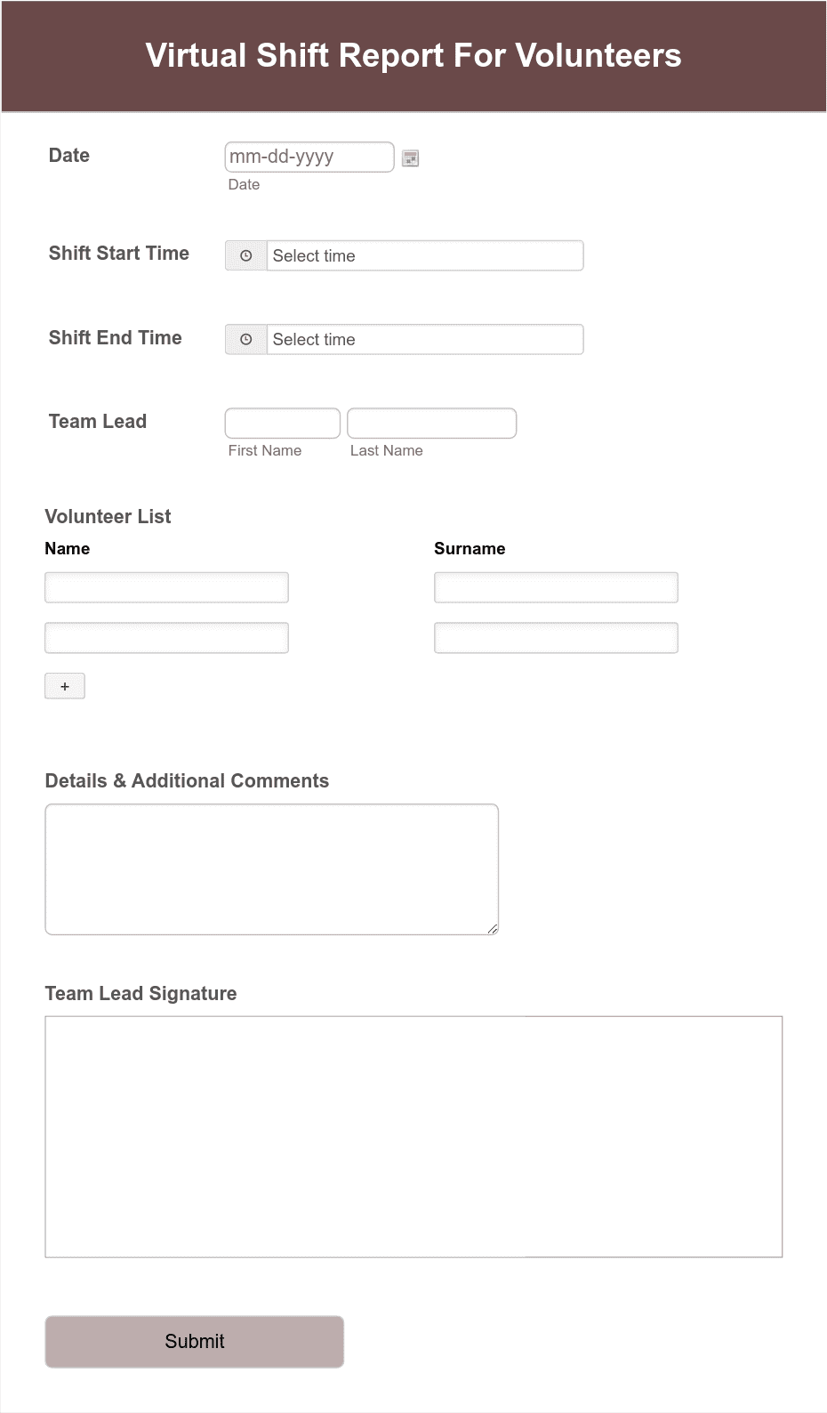Virtual Shift Report For Volunteers Form Template | Jotform