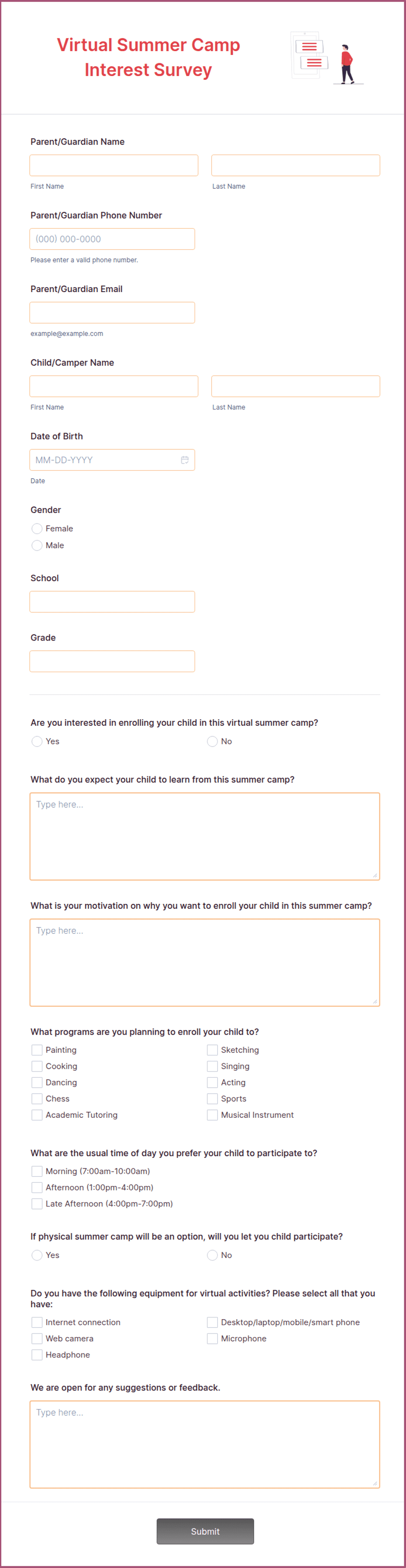 Virtual Summer Camp Interest Survey Form Template | Jotform